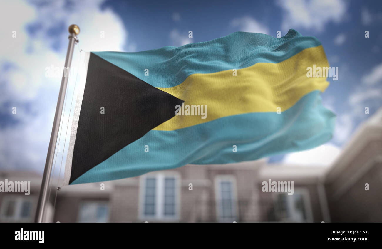 The Bahamas Flag 3D Rendering on Blue Sky Building Background Stock ...