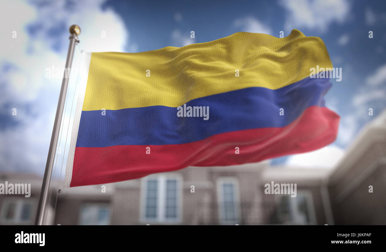 Colombia Flag 3D Rendering on Blue Sky Building Background Stock Photo ...