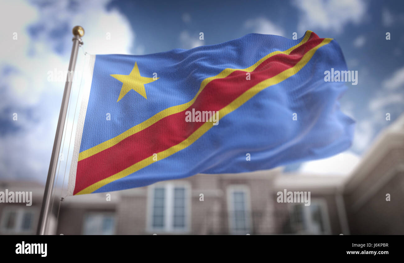 Democratic Republic of the Congo Flag 3D Rendering on Blue Sky Building ...