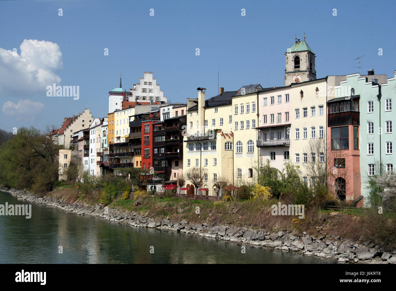 city town bavaria storefronts german federal republic germany river ...