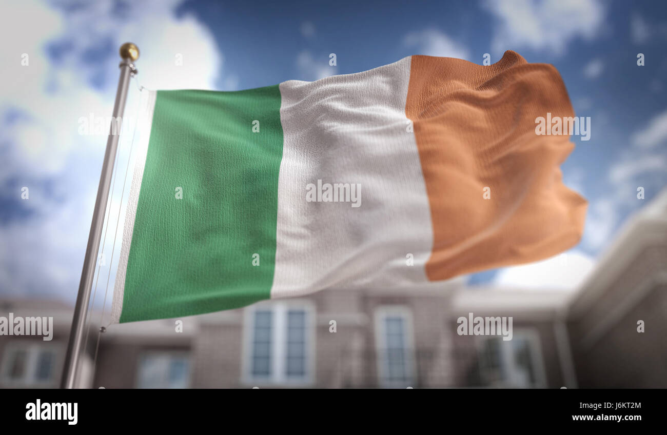 Ireland Flag 3D Rendering on Blue Sky Building Background Stock Photo ...