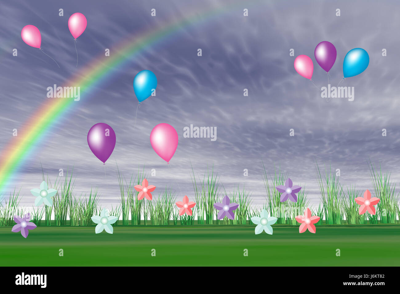 floral meadow with balloons Stock Photo - Alamy