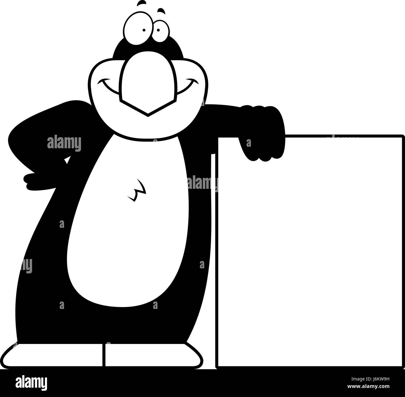 A cartoon illustration of a penguin leaning against a sign Stock Vector ...