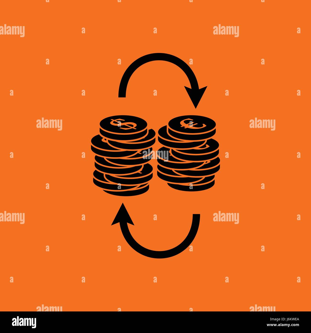 Dollar euro coins stack icon. Orange background with black. Vector ...