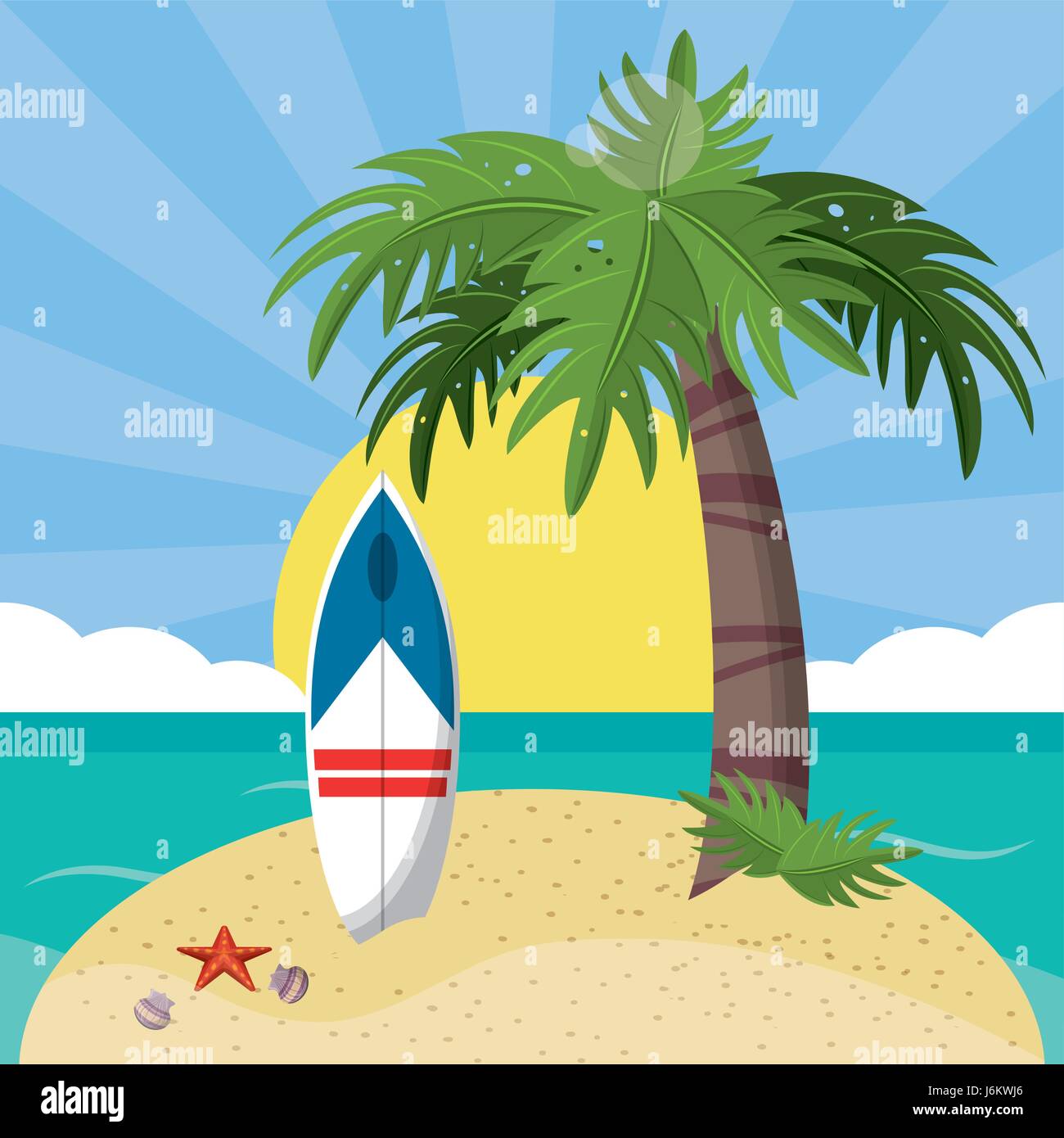 summer beach in the seashore with surfboard and palm tree. vector ...