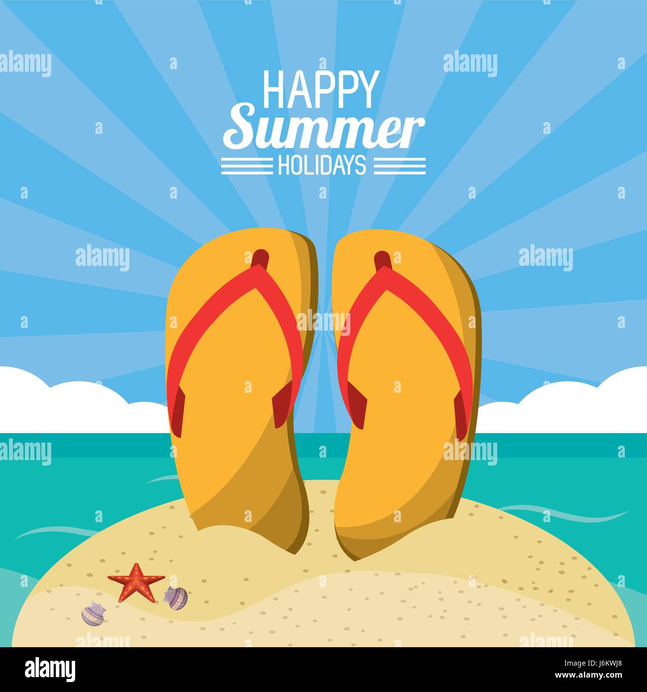 happy summer holidays poster. flip flops beach sand ocean sunlight ...