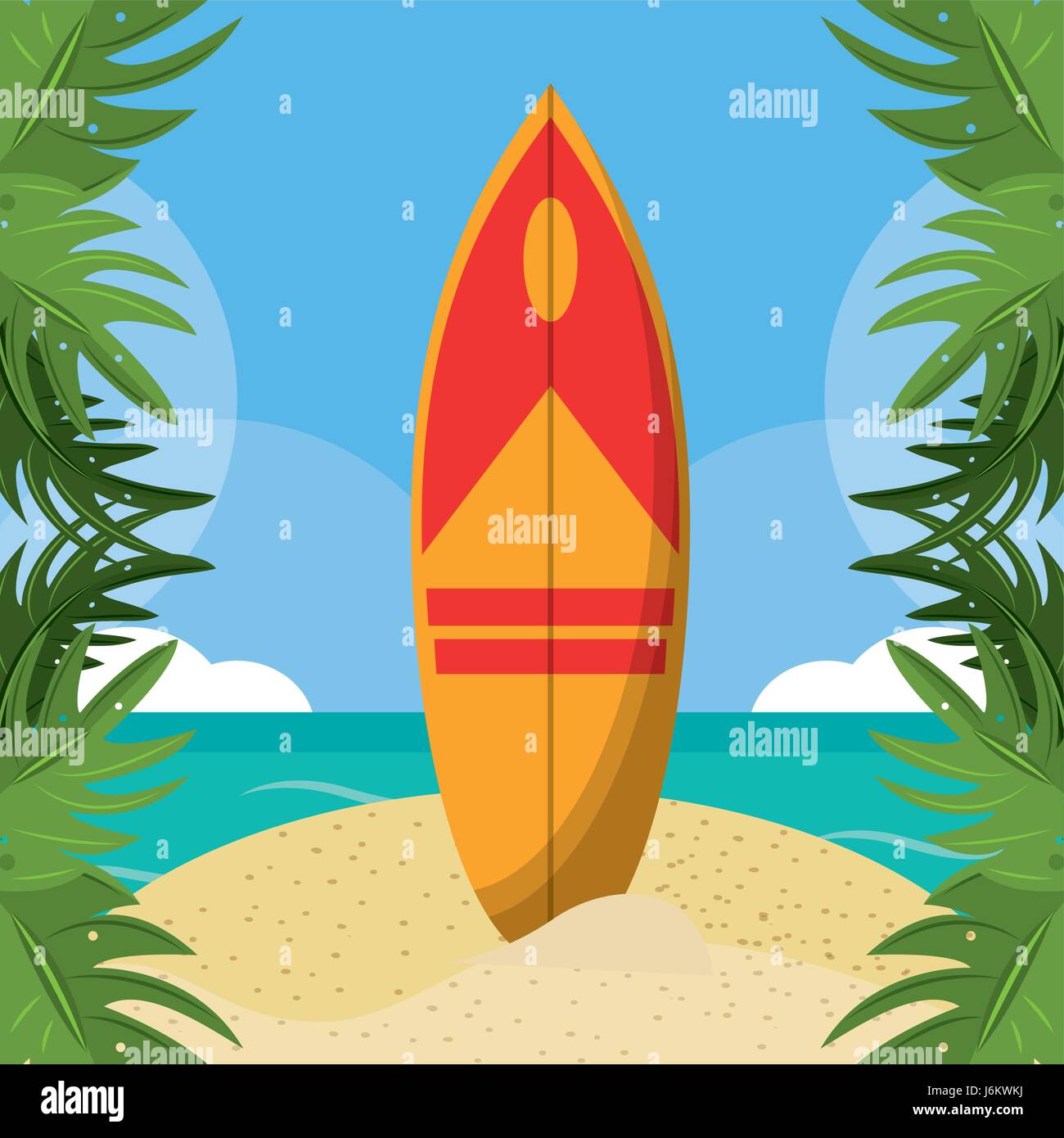 summer beach in the seashore with surfboard and leaves palm border ...