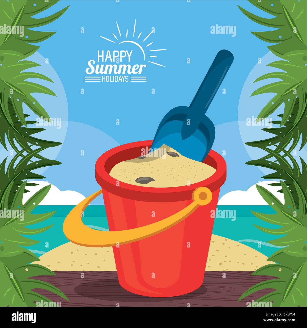 happy summer holidays poster. beach sand bucket shovel palm leaves ...