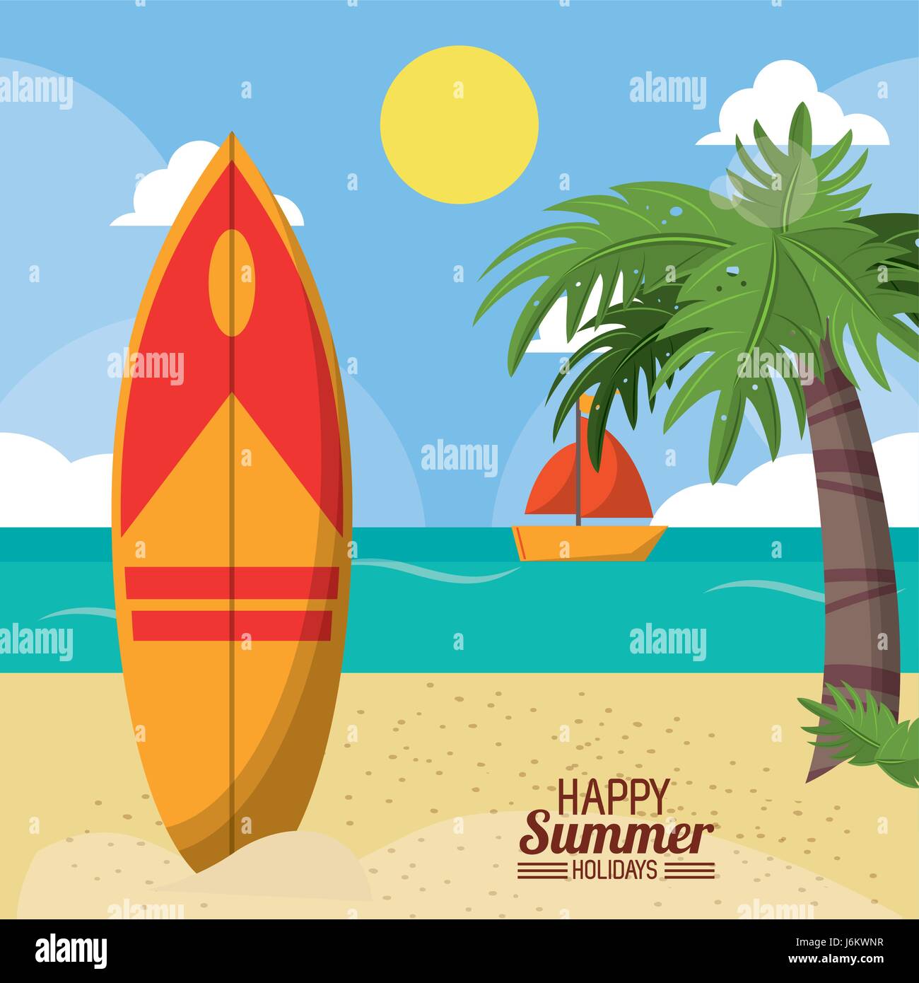 happy summer holidays poster. beach surfboard ship sun sea Stock Vector ...