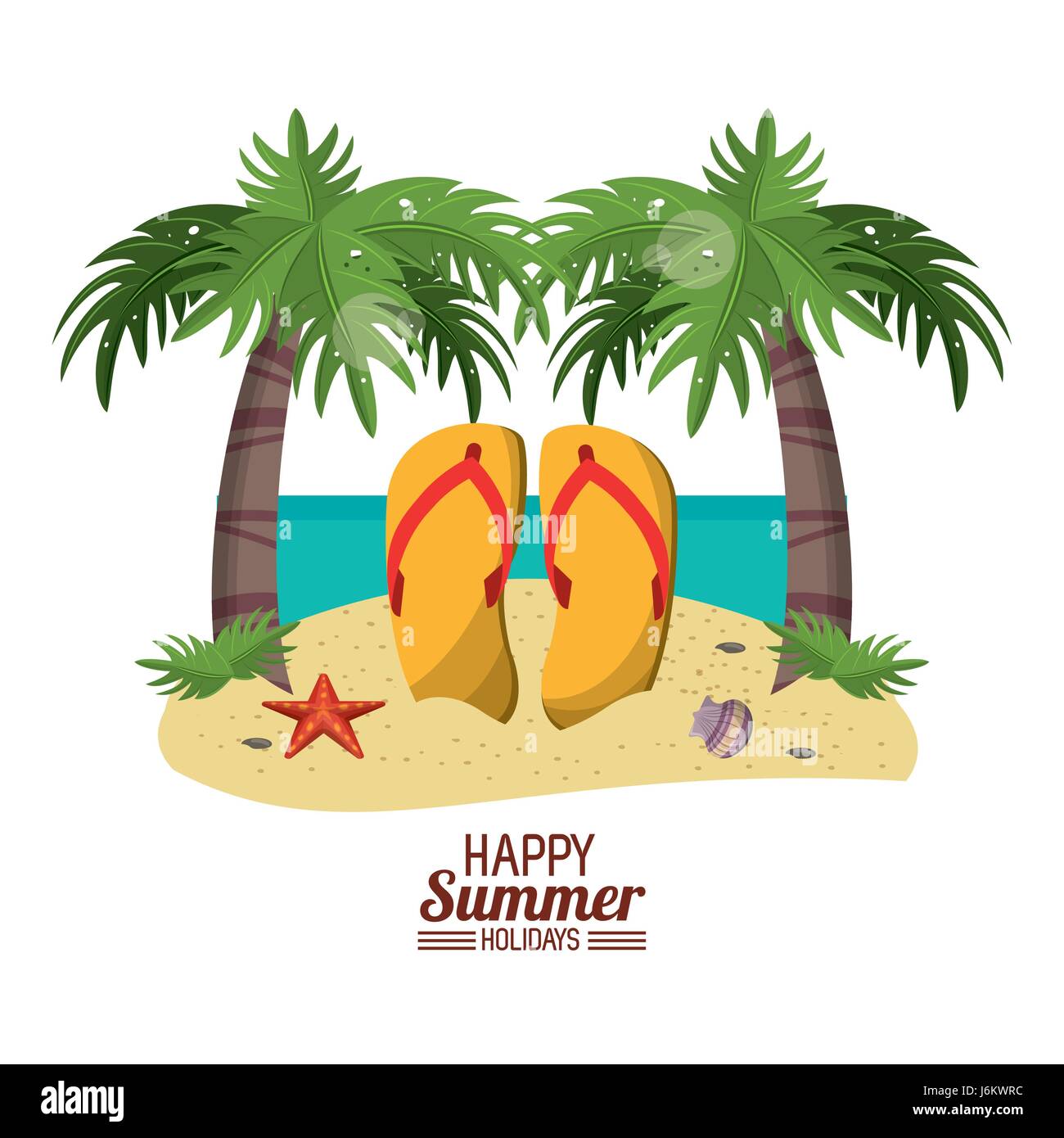 happy summer holidays poster. beach with flip flops starfish palms sand Stock Vector Image & Art ...