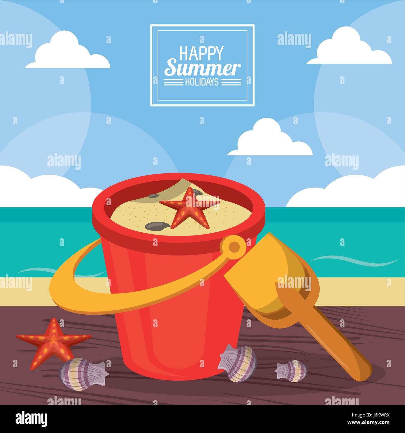 happy summer holidays poster. sand bucket starfish shovel on table ...