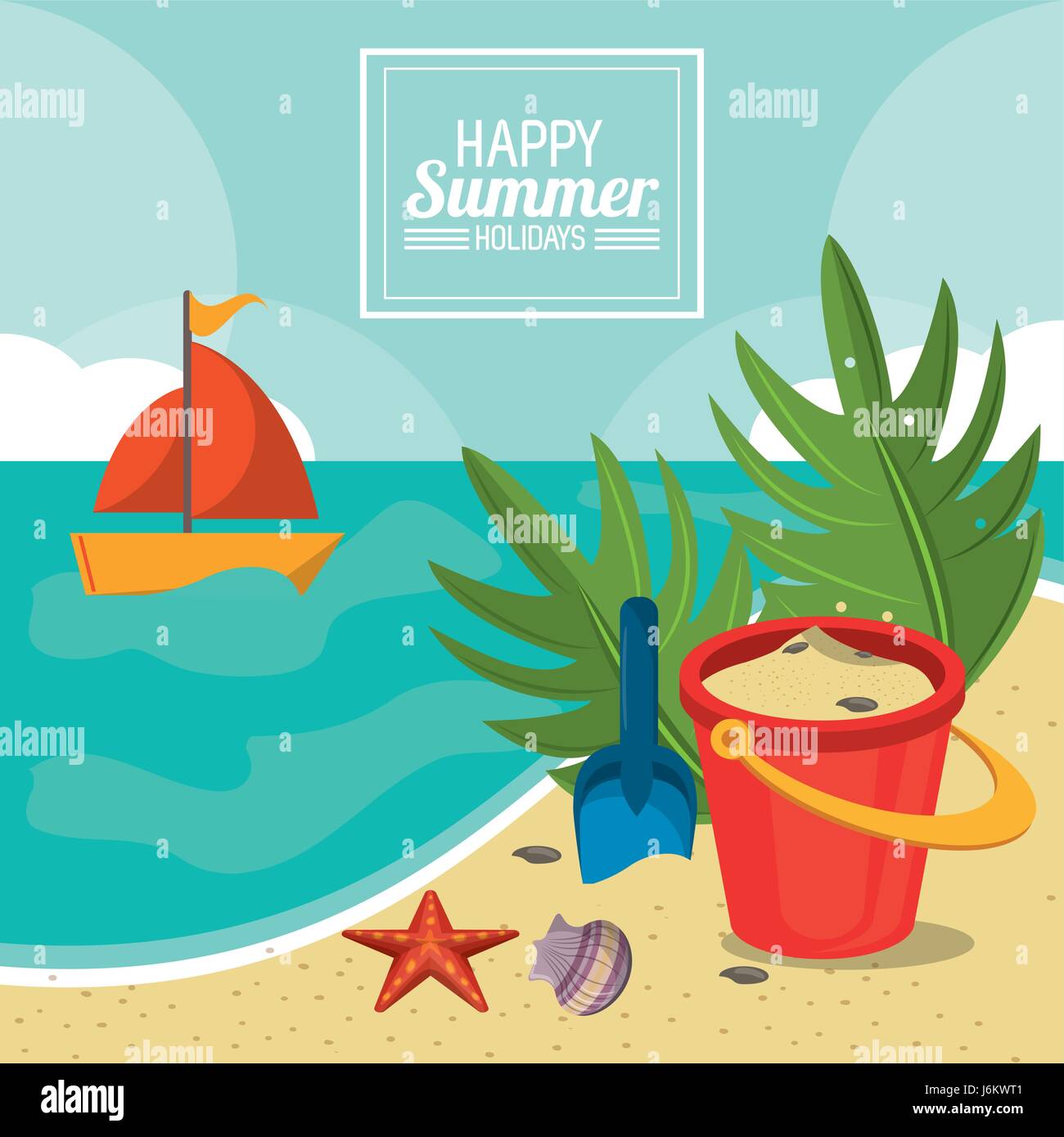 happy summer holidays poster. sand bucket starfish shovel ship palm ...
