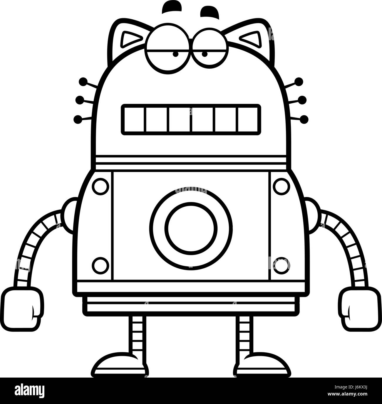 A cartoon illustration of a robot cat with an unemotional expression ...