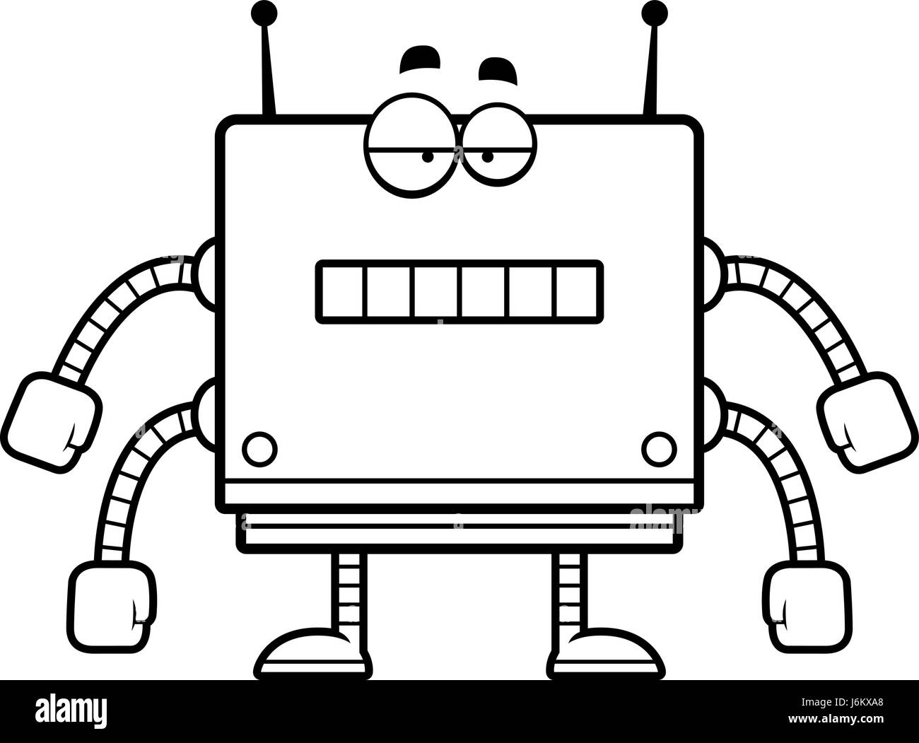 A cartoon illustration of a square robot with an unemotional expression ...