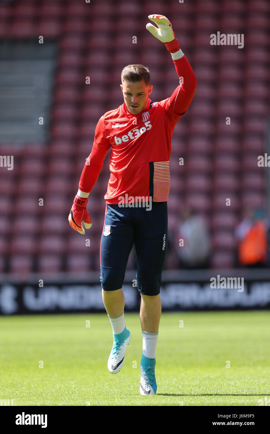 Stoke City goalkeeper Jack Butland warms up before the Premier League ...