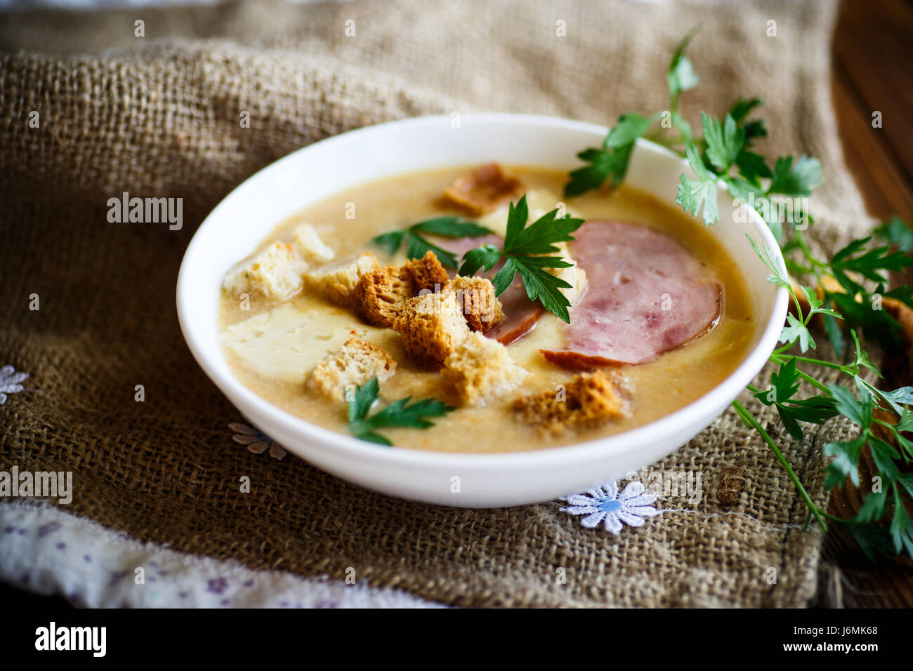 Vegetable soup puree with cheese, bacon Stock Photo - Alamy