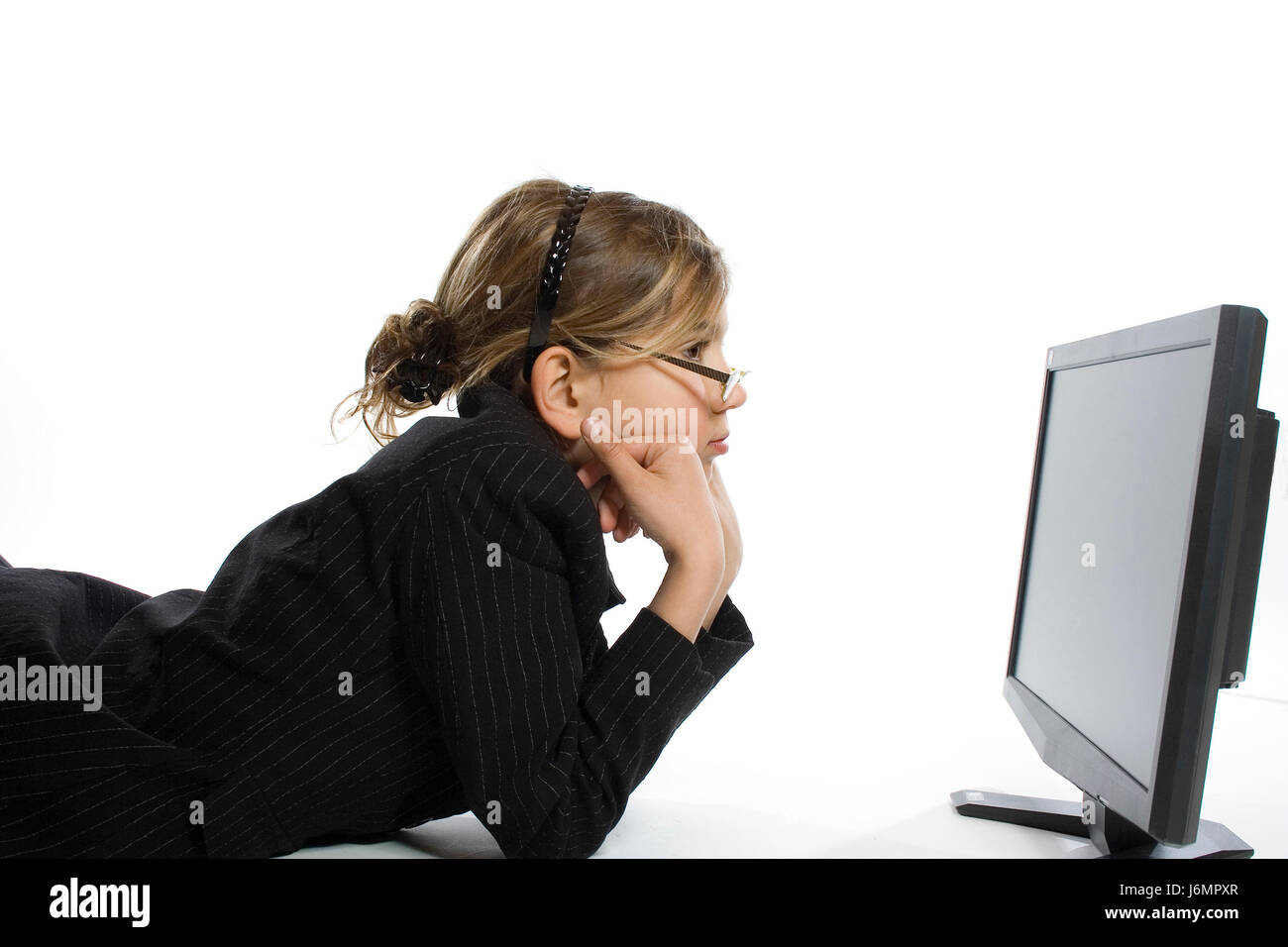 PC computers computer portrait screen child girl girls earnest laugh ...