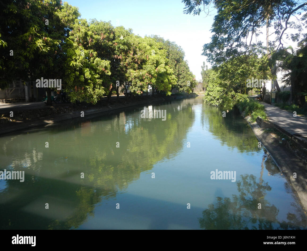 The scene captures paddy fields, trees, houses, and irrigation systems ...