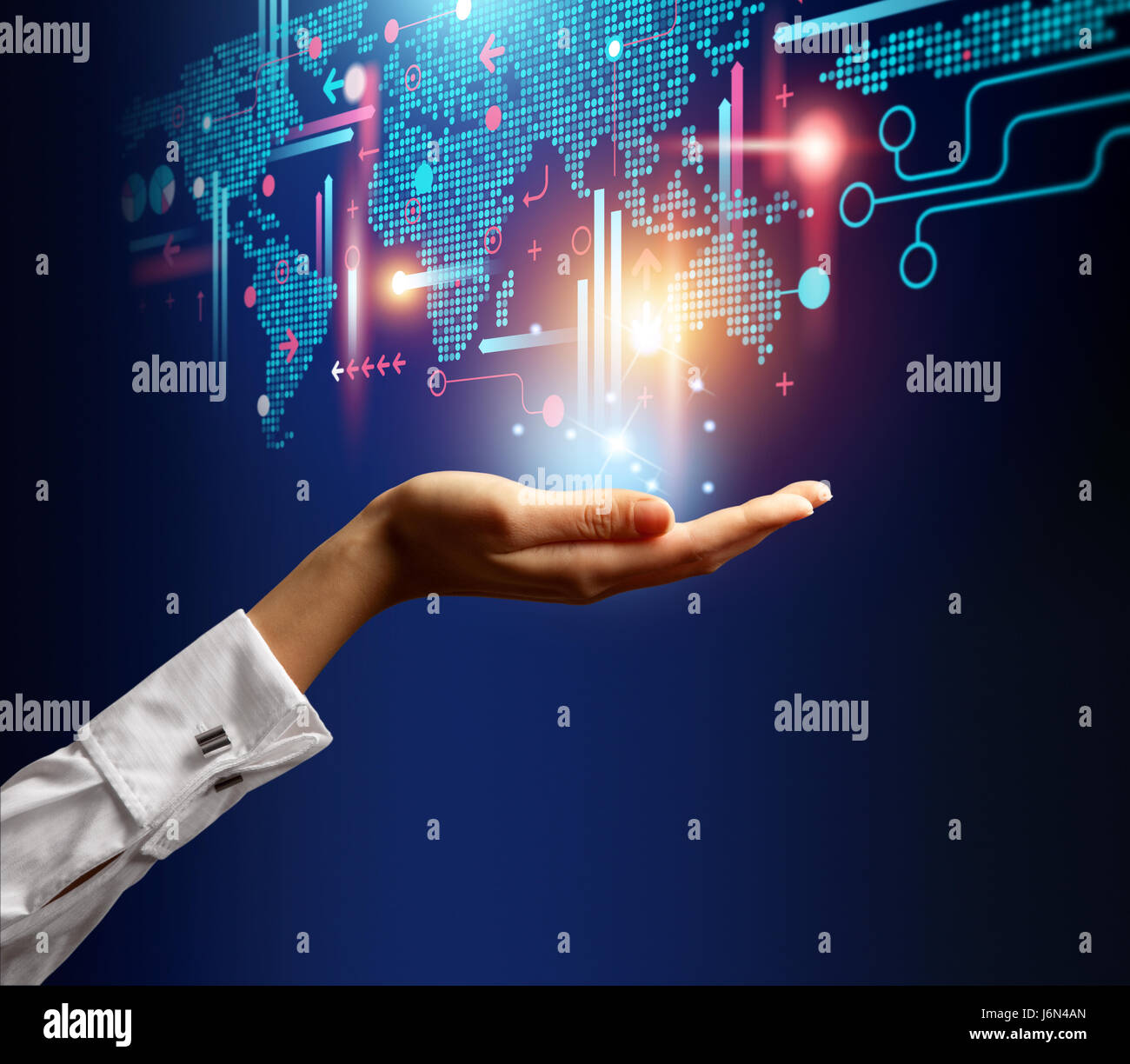 Open hand on blue background with concept illustration representing ...