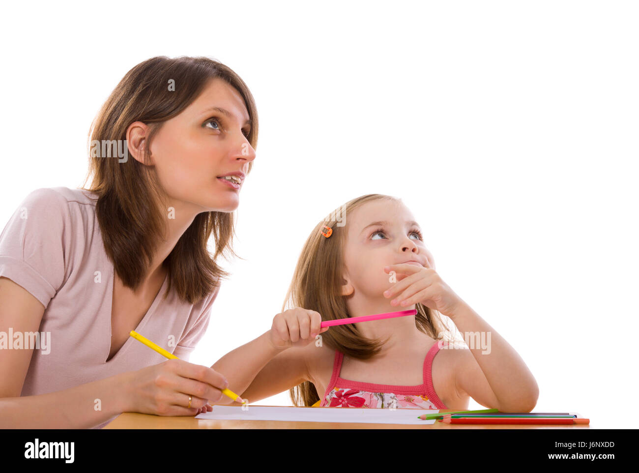 Mother helping daughter to draw isolated on white Stock Photo - Alamy