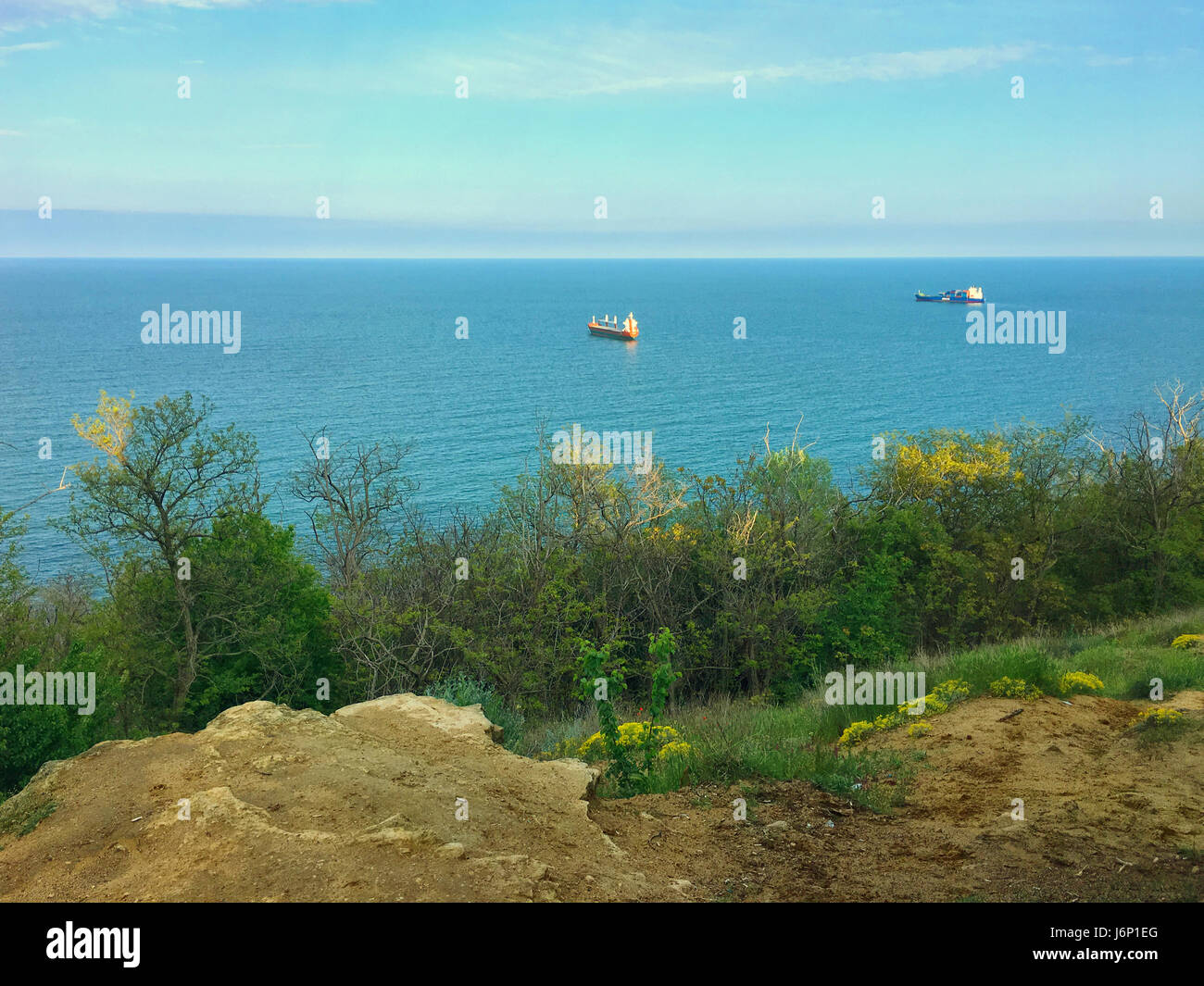 High angle view sea sky and seaside bay from mountain viewpoint in ...