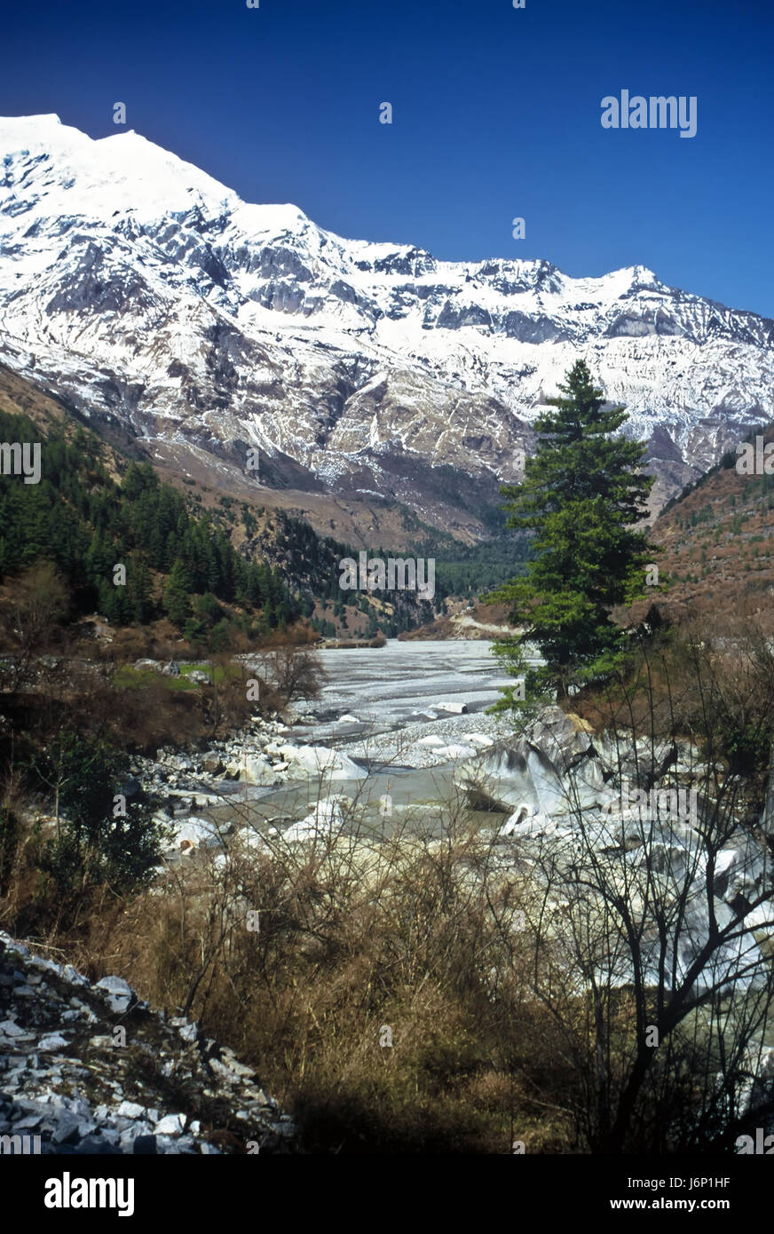hill asia valley nepal mountain scenery countryside nature river water ...