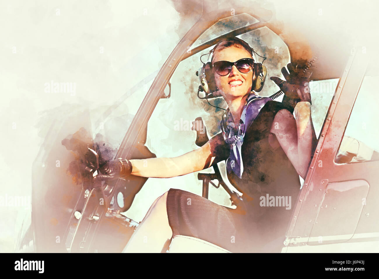 Attractive woman pilot sitting in the helicopter. Digital watercolor ...