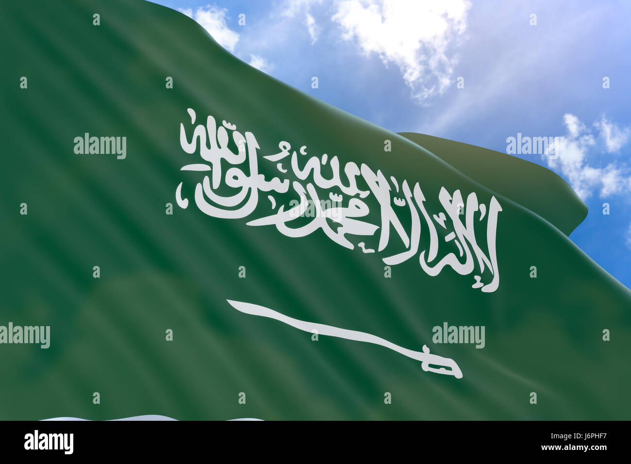 3D rendering of Saudi Arabia flag waving on blue sky background, Saudi ...