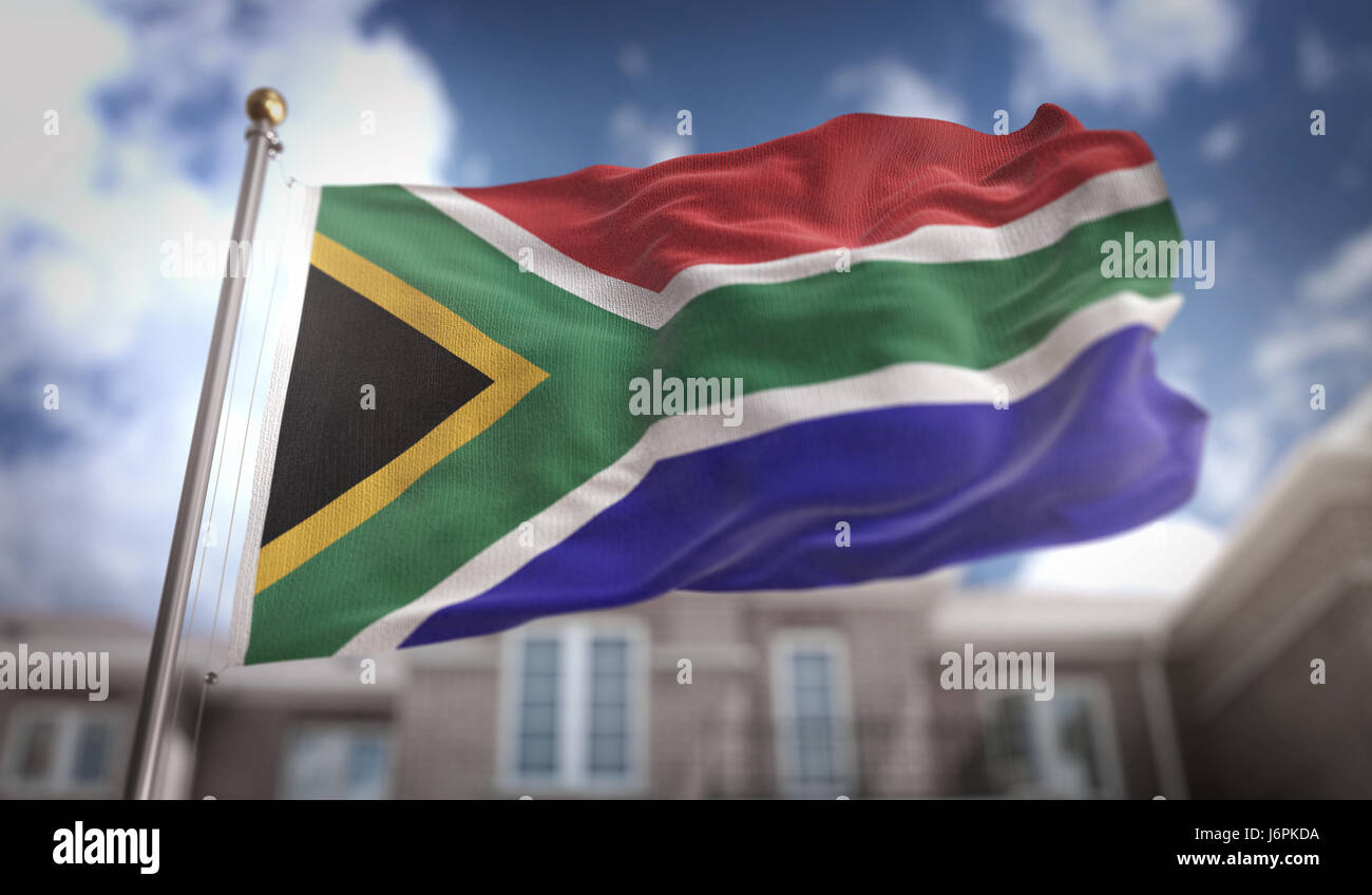 South Africa Flag 3D Rendering on Blue Sky Building Background Stock ...