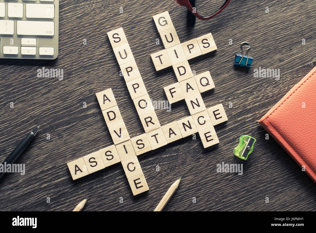 Feedback assistance support guidance words spelled with cubes on Stock ...