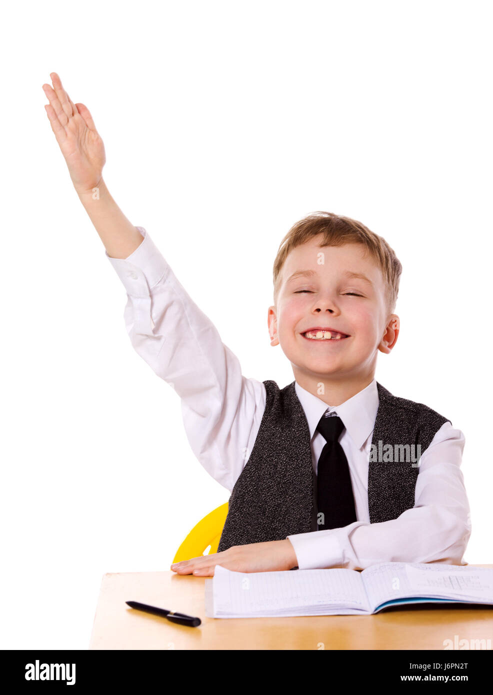 Cheerful Schoolboy ready to answer question isolated Stock Photo - Alamy