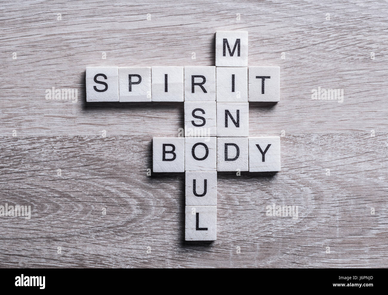 Spirit soul mind and body words made of wooden cubes Stock Photo - Alamy