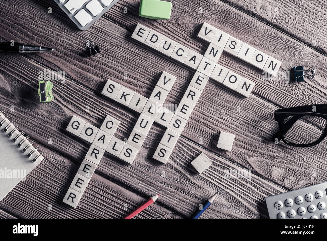 Conceptual keywords on wooden table with elements of game making Stock ...