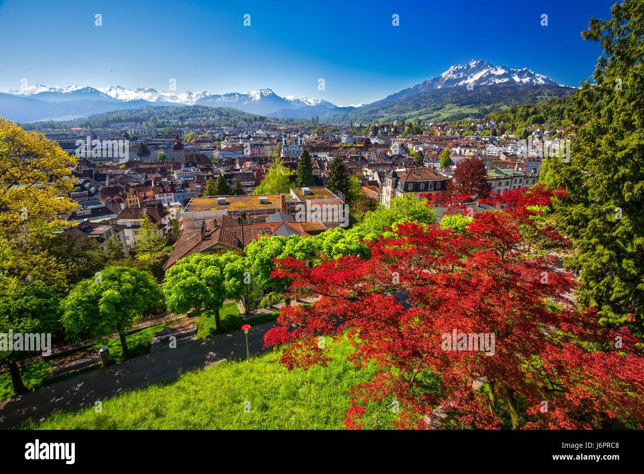 Historic city center of Lucerne with famous Pilatus mountain and Swiss ...