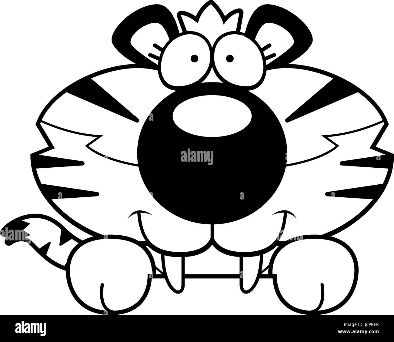A cartoon illustration of a saber-toothed tiger cub peeking over an ...