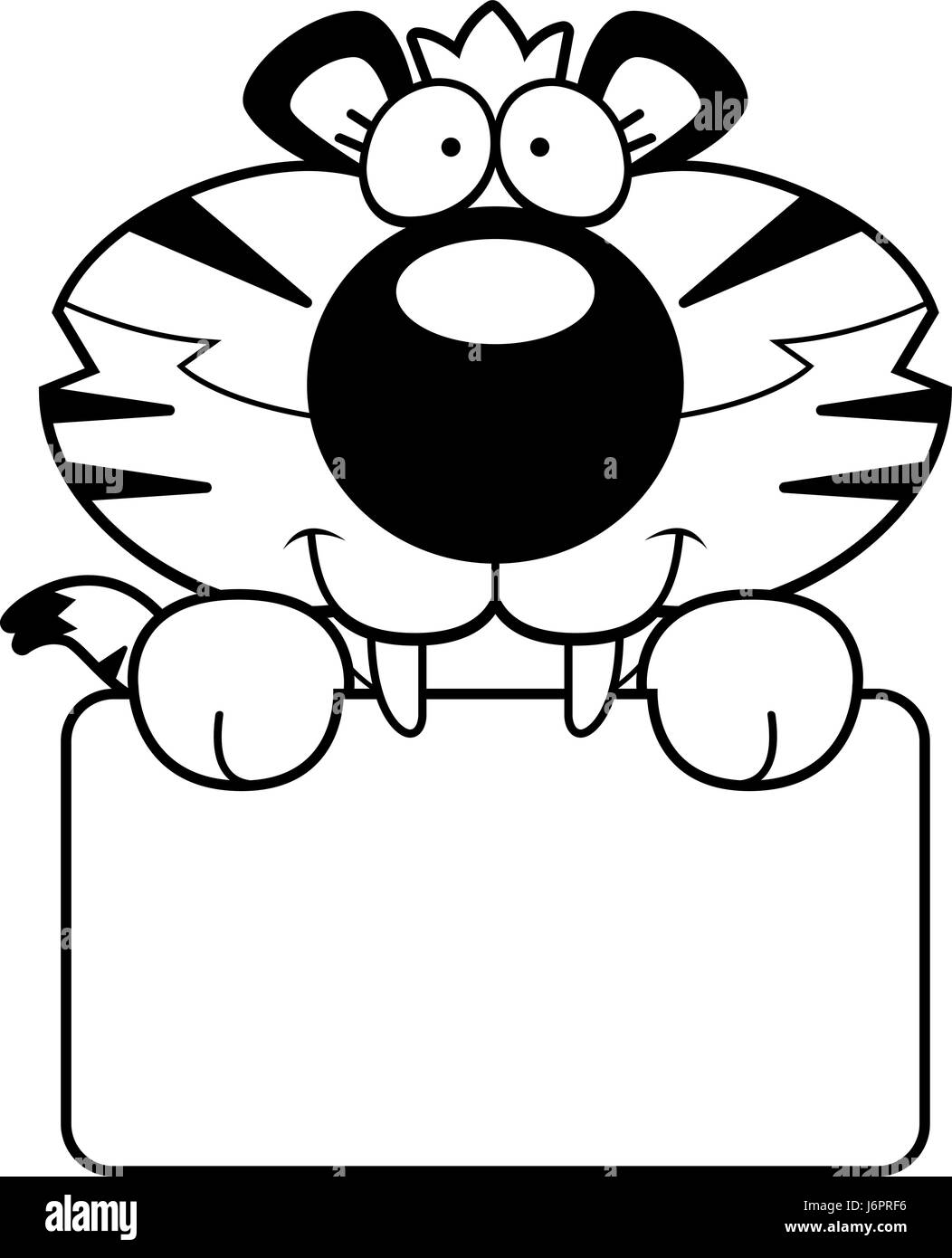A cartoon illustration of a saber-toothed tiger cub with a white sign ...