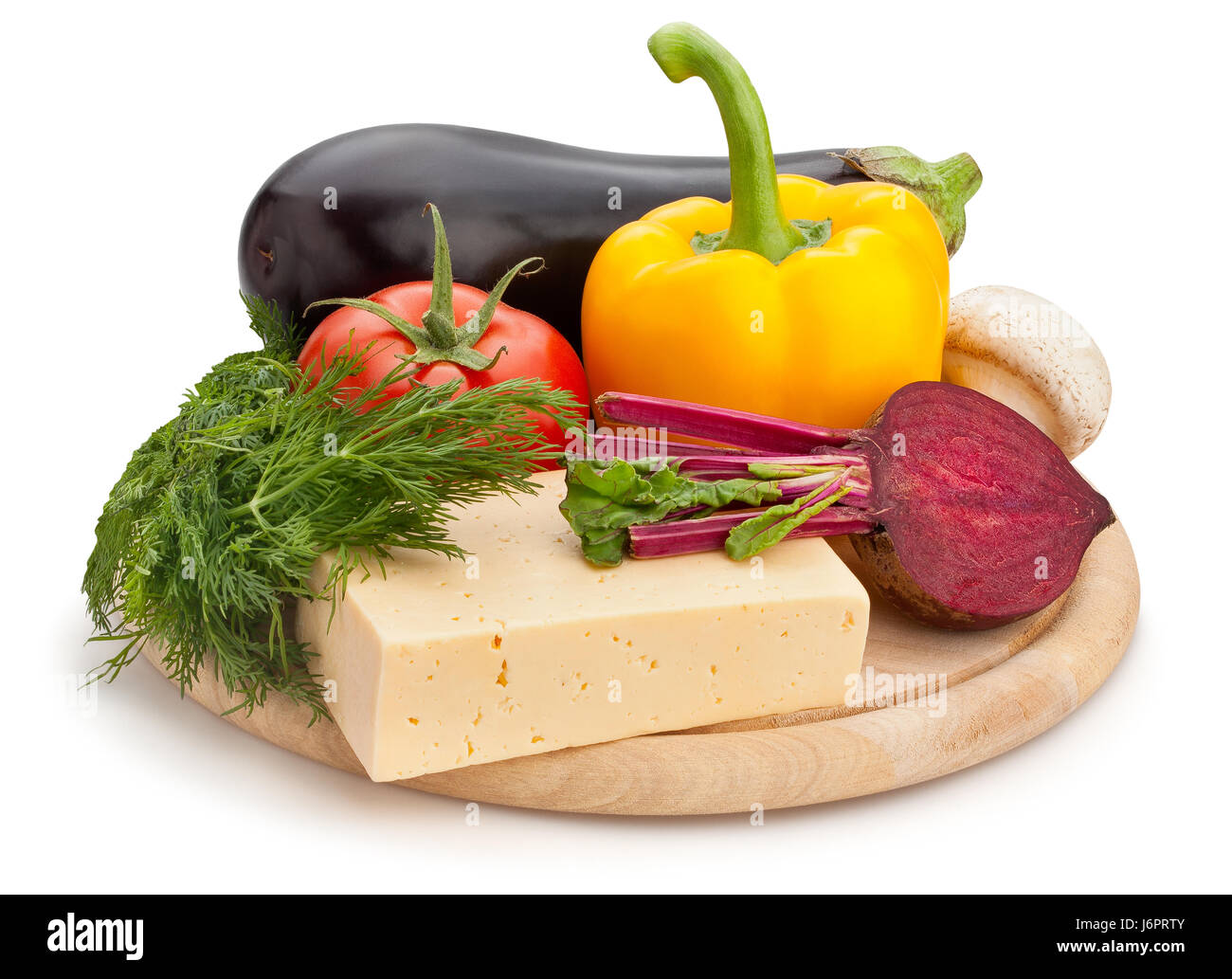 mixed vegetables cheese cutting board isolated Stock Photo - Alamy