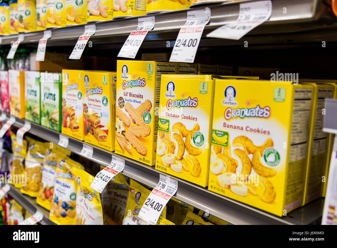 boxes of Gerber brand Graduates baby snacks Stock Photo - Alamy