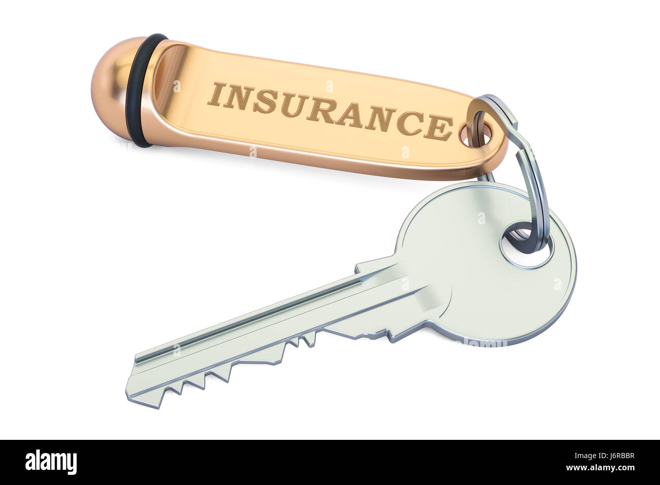 Insurance concept, key with keychain. 3D rendering isolated on white ...
