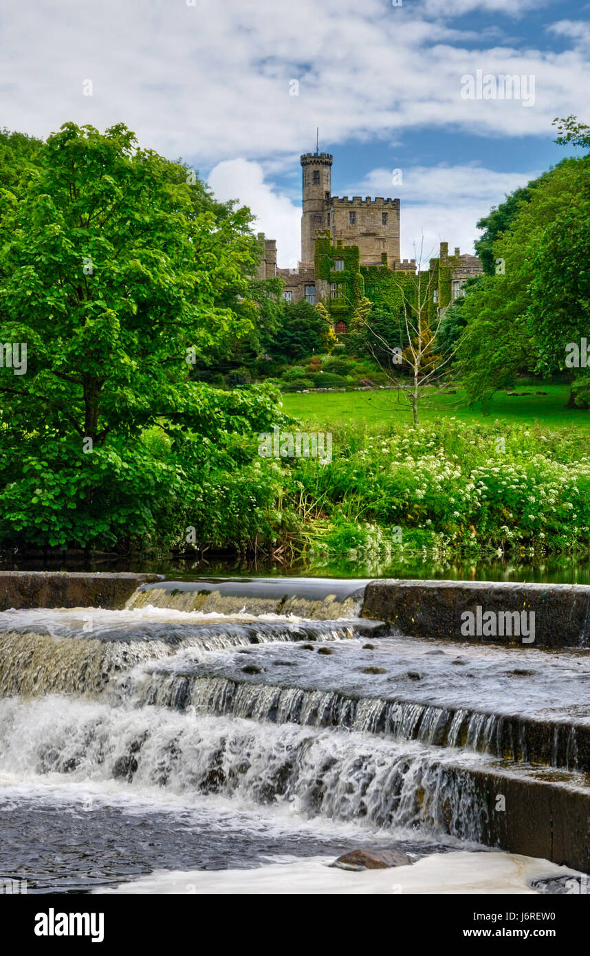 stream castle river water chateau weir tree trees flow field summer ...
