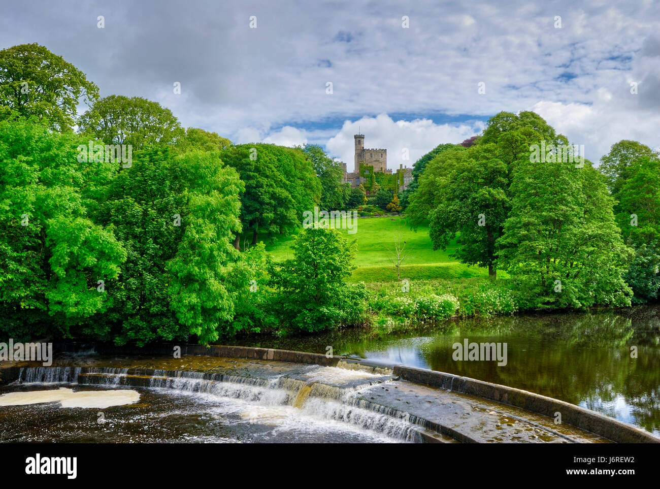 castle river water chateau weir tree trees flow field summer summerly ...