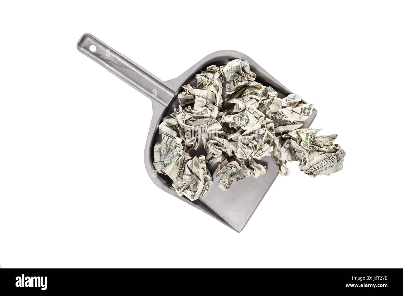 Crumpled hundred dollar bills in a scoop top view isolated on a white ...