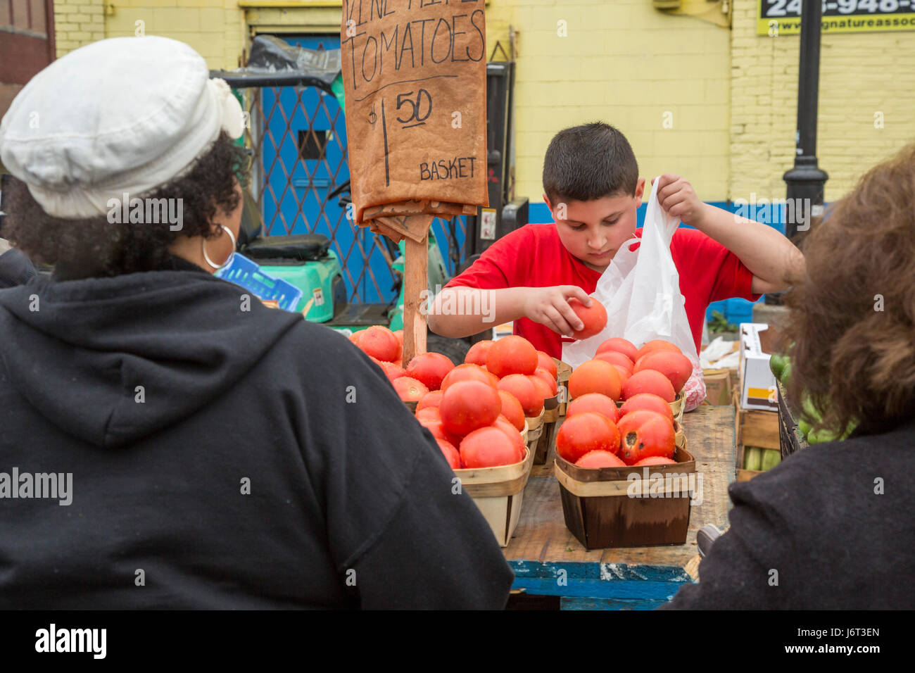 Detroit, Michigan USA - A boy sells tomatoes at Eastern Market, Detroit ...