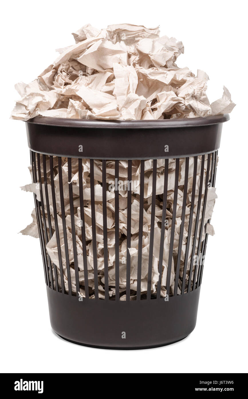Plastic trash can full of crumpled paper isolated on white background ...