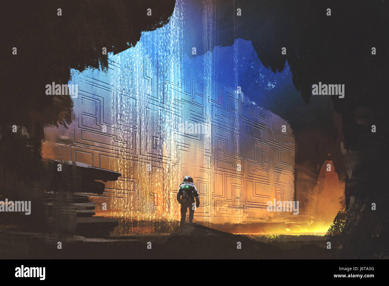 sci-fi concept of the astronaut looking at pattern on the rock wall in ...