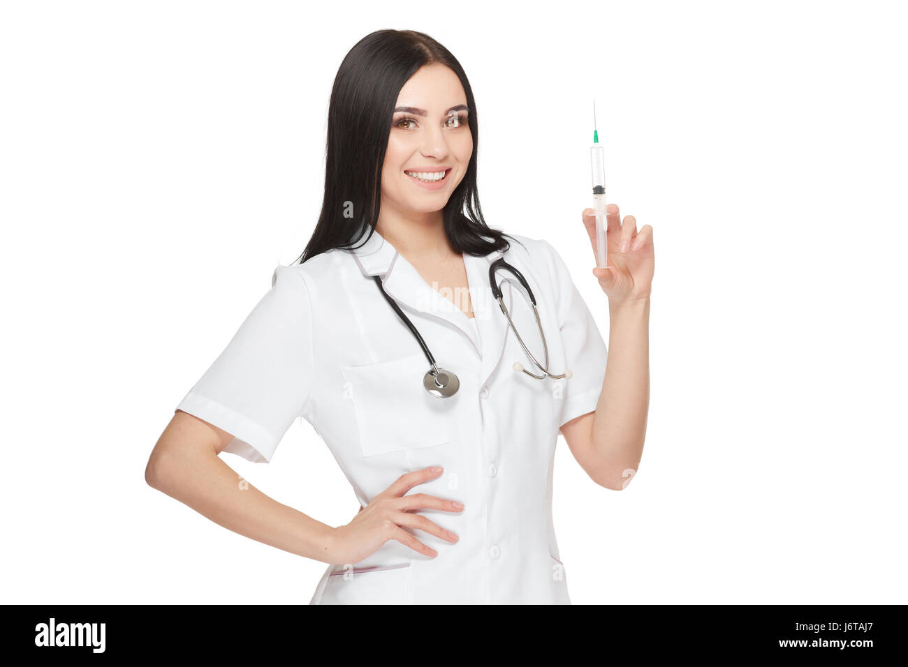 Positivity female doctor posing and showing injection with vaccine ...