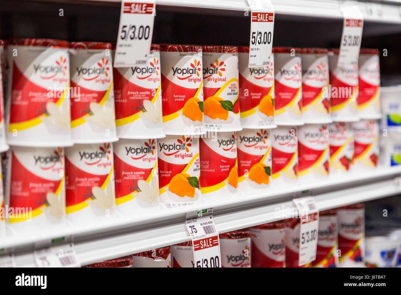 Yoplait brand yogurt on the shelves in the refrigerator case of a ...