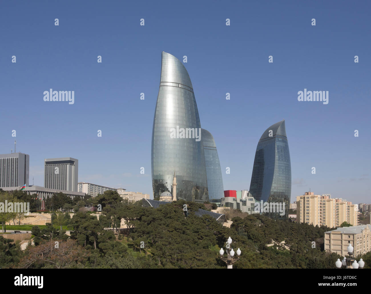 Flame towers skyscrapers in Baku Azerbaijan, a towering landmark of ...