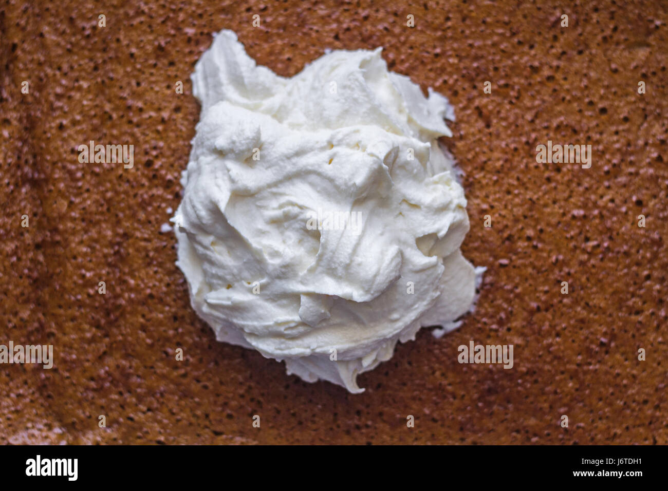 Whipped fluffy delicious cream on a bubbly sponge cake from pumpkin ...