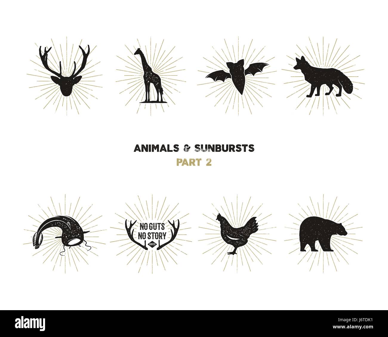 Set of wild animal figures and shapes with sunbursts isolated on white ...